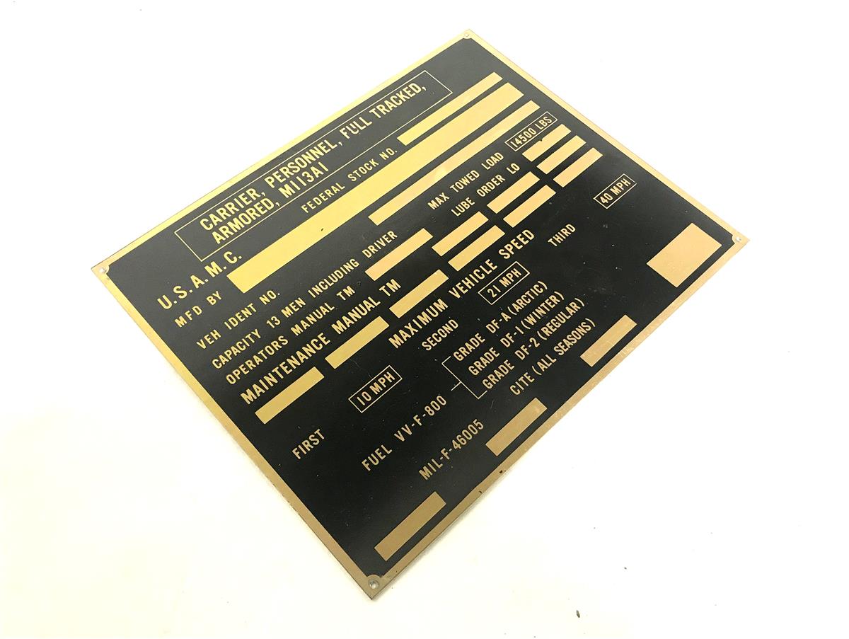 M113A1 Personnel Carrier Data Plate